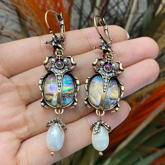 Jewelry | Vintage Green Beetle Bug High Quality Brass Crystal Pearl ...